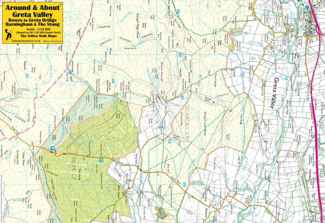 Greta Valley, Bowes to Greta Bridge, Barningham & The Stang Walking Map