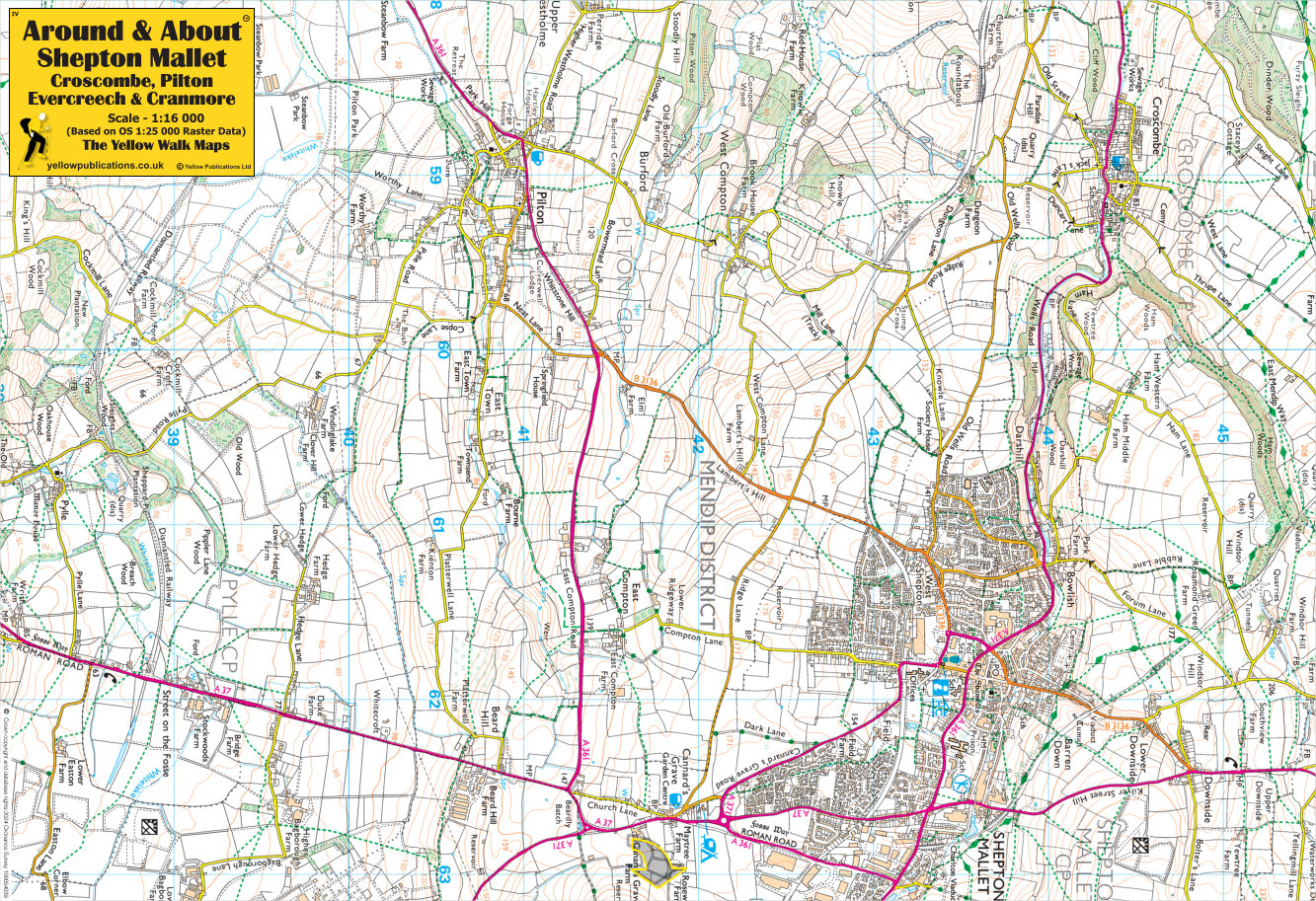 Shepton Mallet, Croscombe, Pilton, Evercreech & Cranmore Walking Map