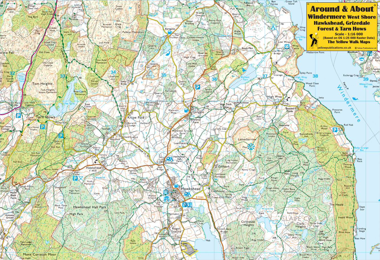 Windermere West Shore, Hawkshead, Grizedale Forest & Tarn Hows Walking Map
